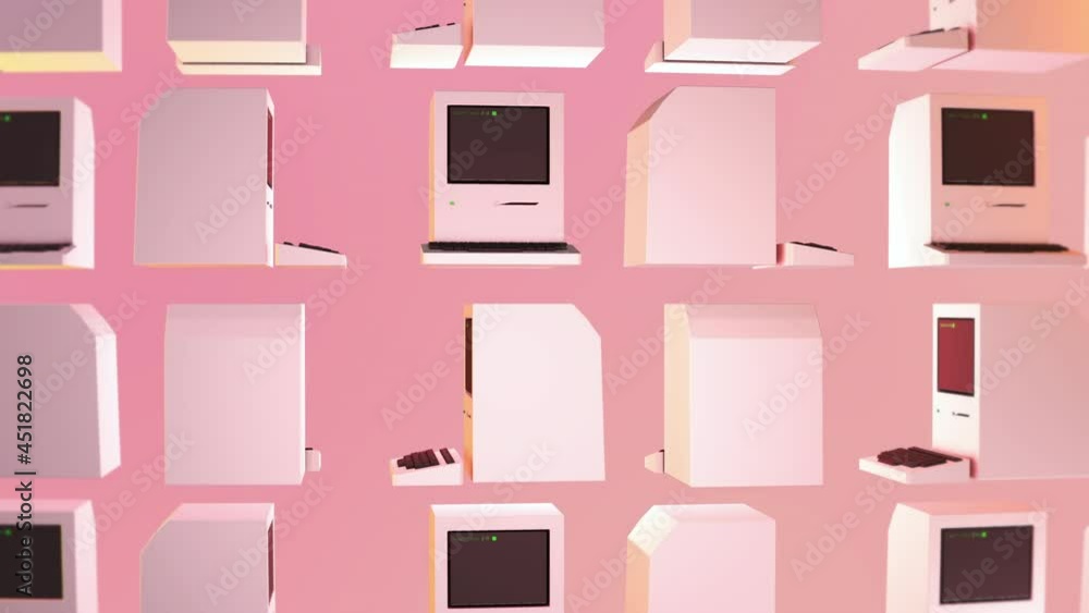 Vintage technology computers are floating in the pink background. 3D ...