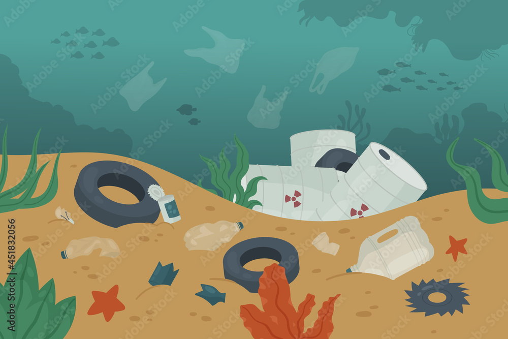 Waste trash pollution in ocean sea water and bottom vector illustration ...