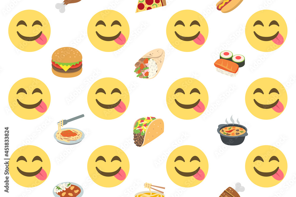 gourmet face with food icons,emoji pattern on white background,vector ...