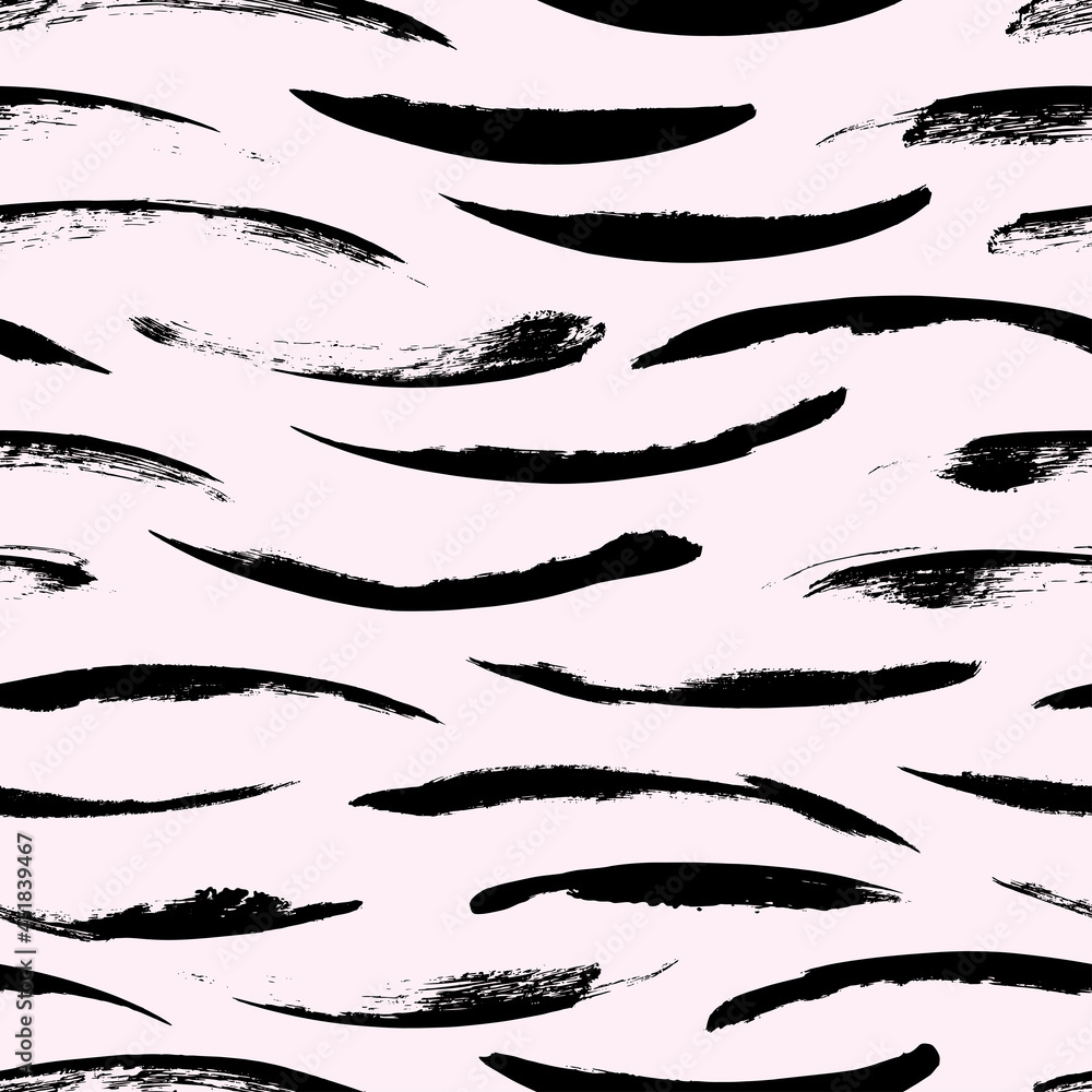 Horizontal brush strokes vector seamless pattern. Black paint freehand ...