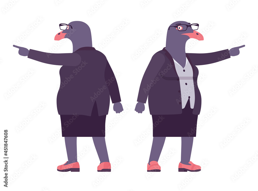 Bird woman, seagull head female pigeon in human wear pointing. Plump ...