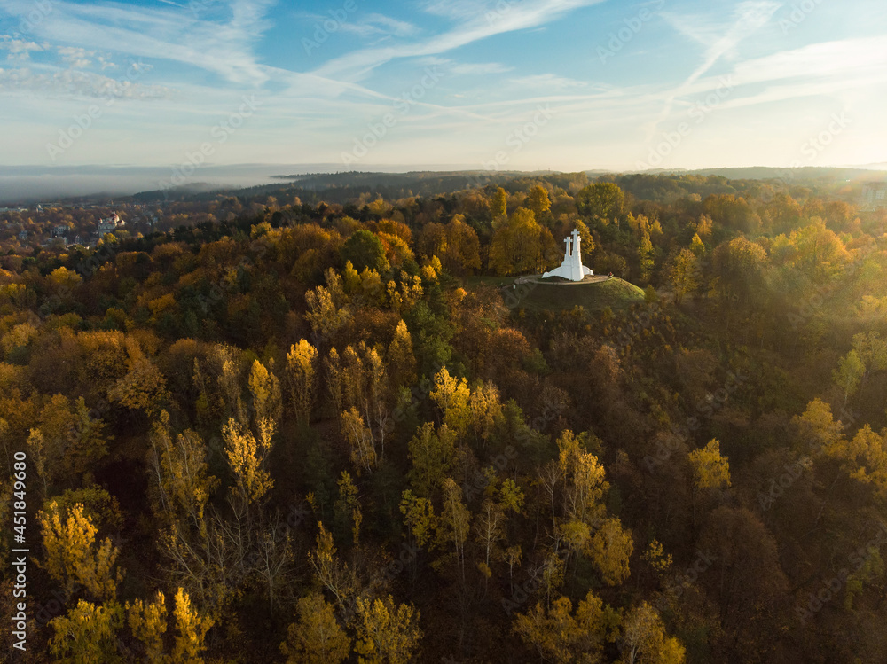 Aerial view of the Three Crosses monument overlooking Vilnius Old Town ...