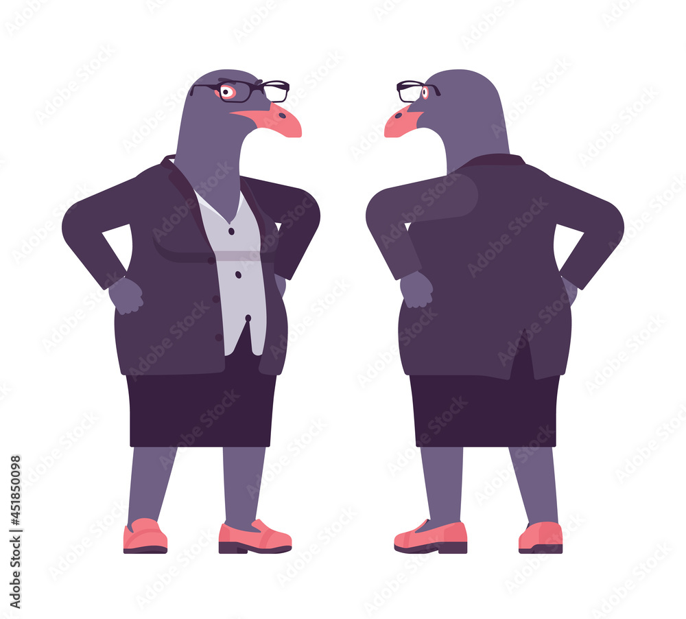 Bird woman, seagull head female pigeon in human wear standing. Plump ...