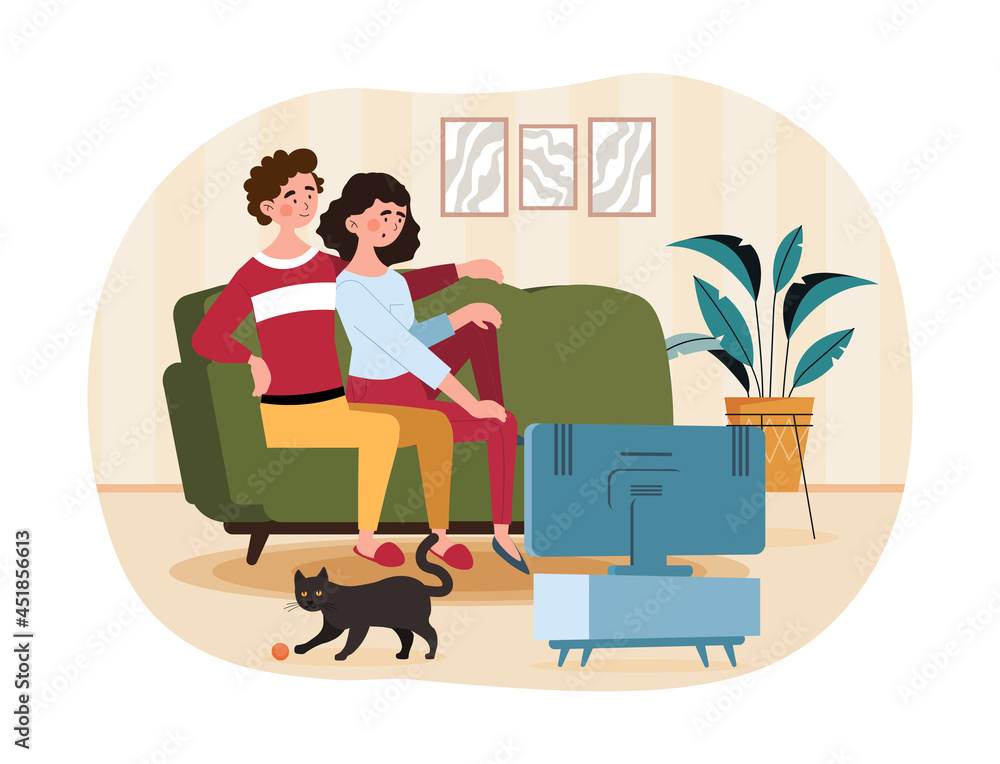 Couple watching tv. Man and girl resting on couch together. Family ...