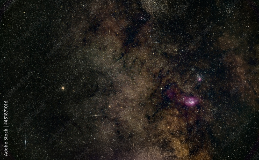 Night sky with milky way near Sagittarius constellation, bright Kaus ...