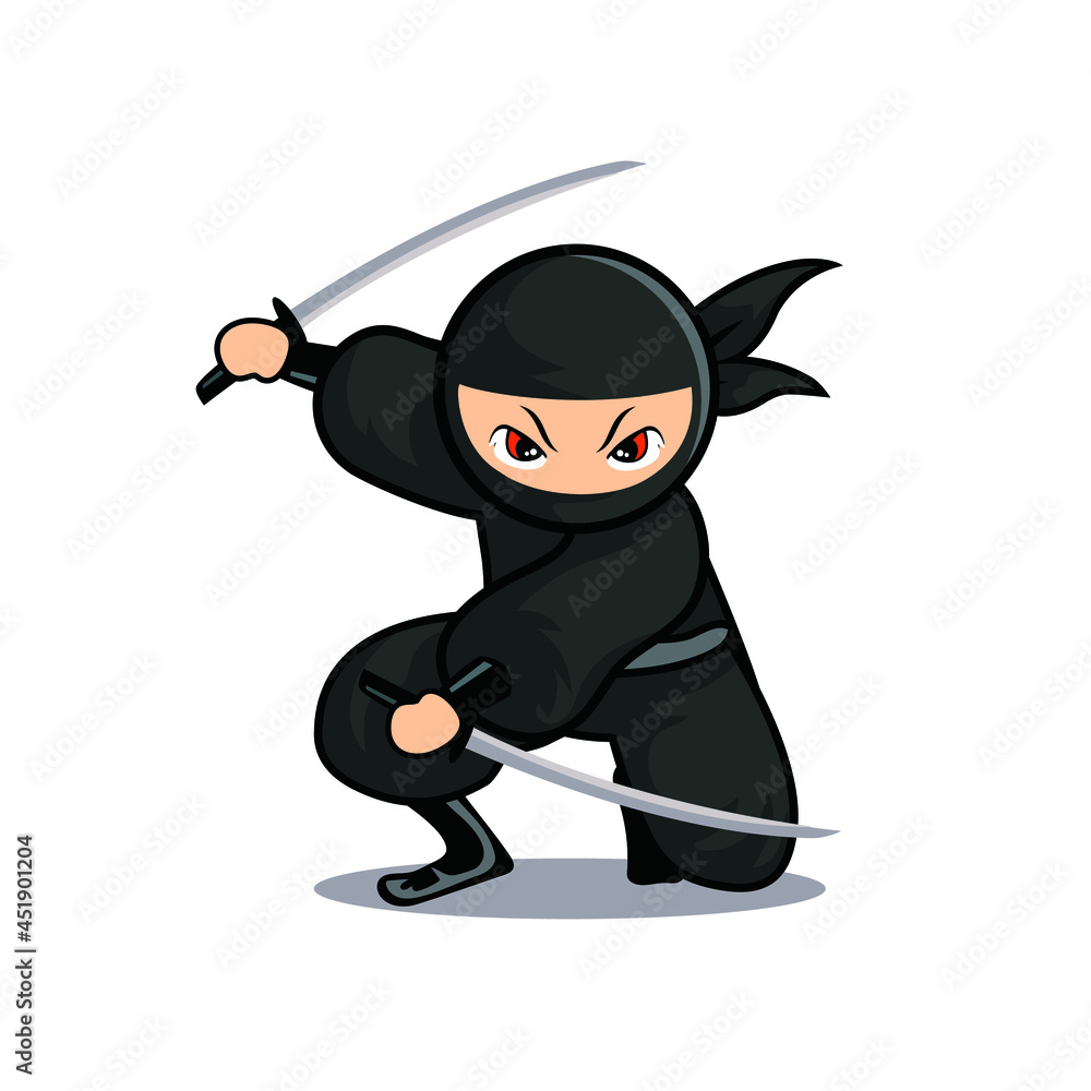 Cartoon black ninja ready for attack with two swords Stock Vector | Adobe Stock