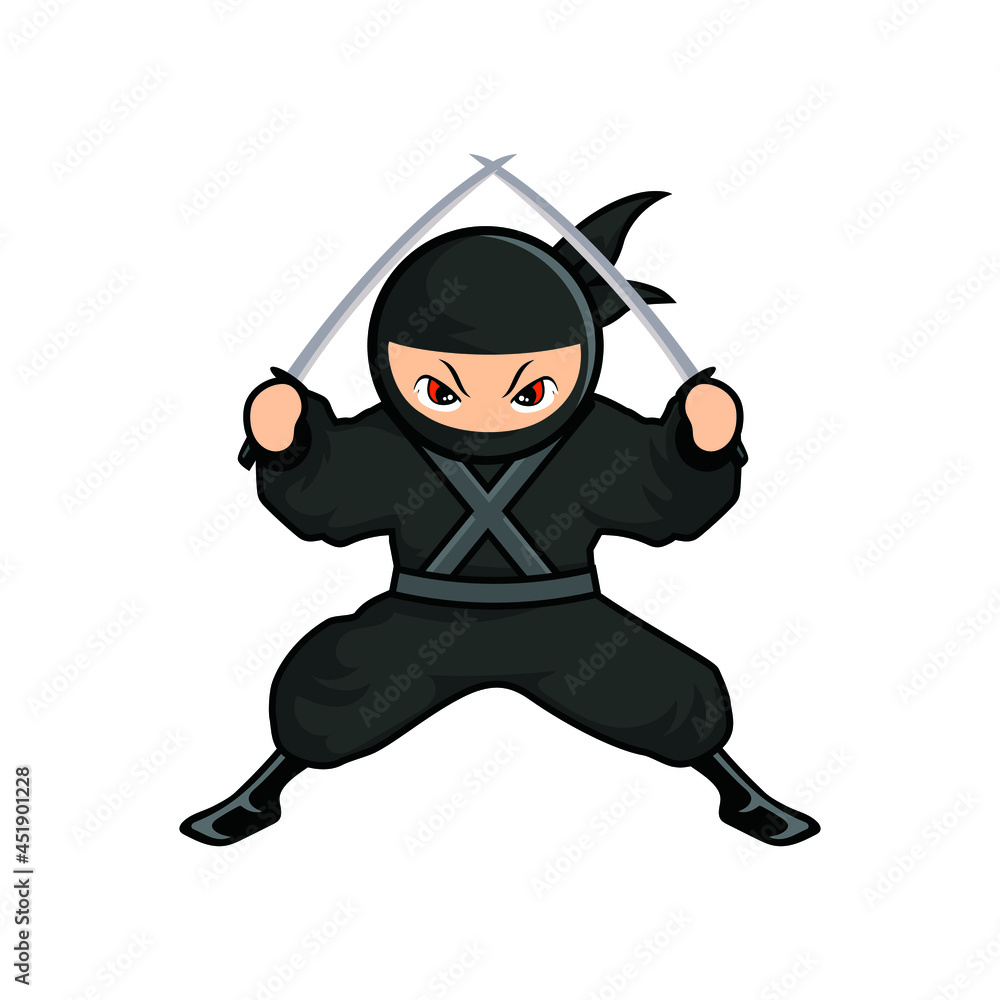Cartoon black ninja stand with two swords Stock Vector | Adobe Stock