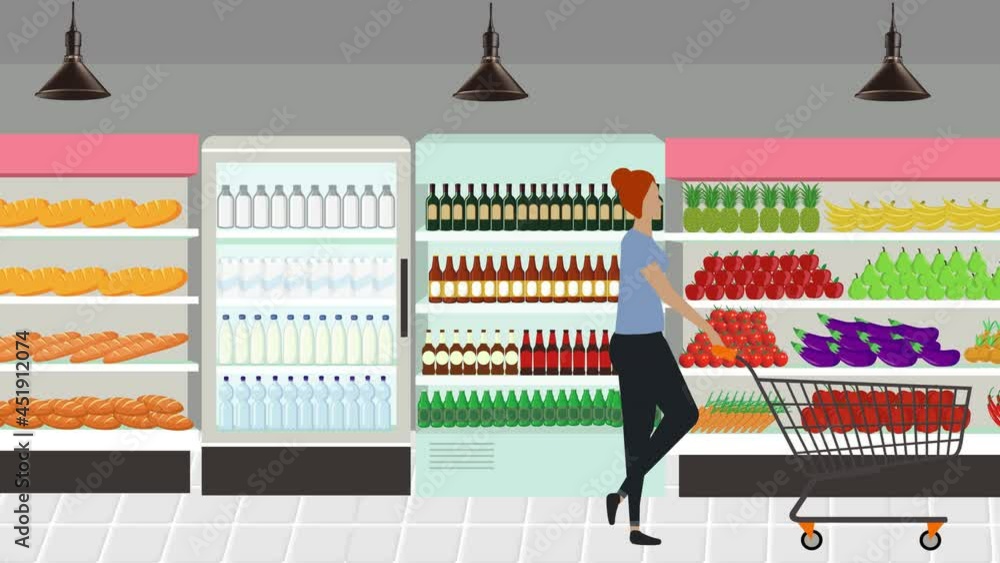 women walking in supermarket area, cartoon animation background Stock ...