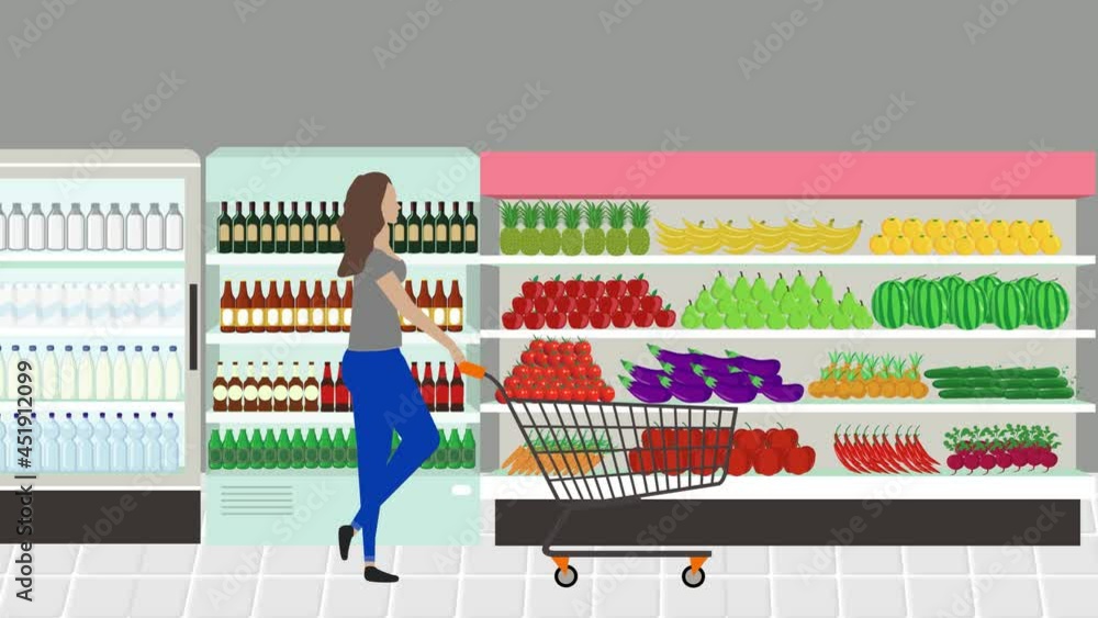 women walking in supermarket area, cartoon animation background Stock ...