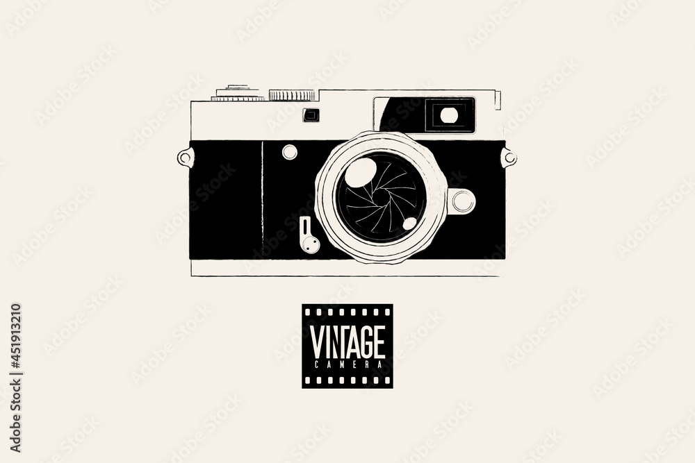 Old graphic style illustration of 70's rangefinder system film camera ...