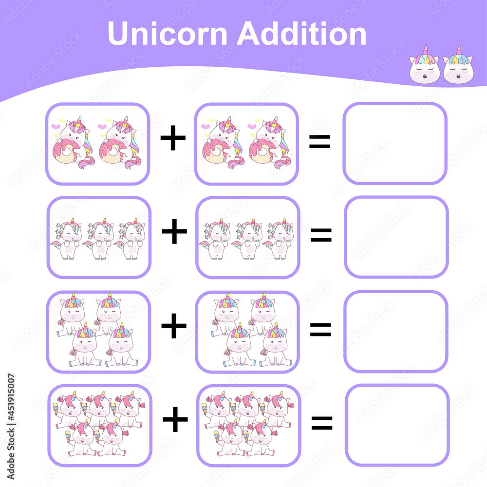 Unicorn Addition Math Game for Preschool. Counting Game Worksheet for ...