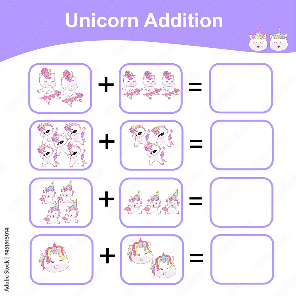 Unicorn Addition Math Game for Preschool. Counting Game Worksheet for ...