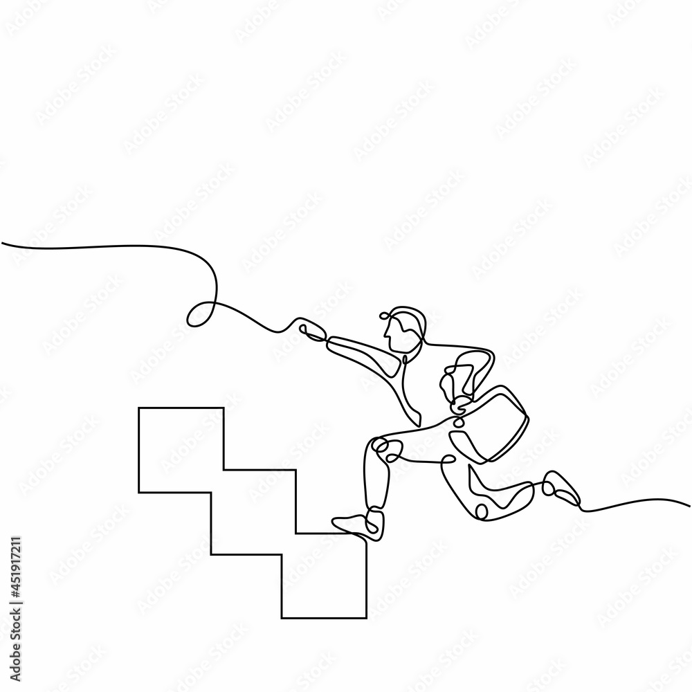 Stairway to success - continuous line drawing, Man running fast up ...