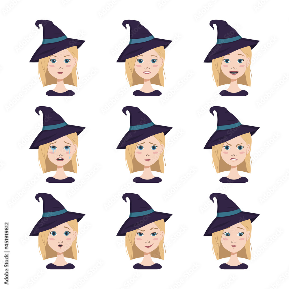 Set of facial expressions of a woman with blonde hair and blue eyes ...