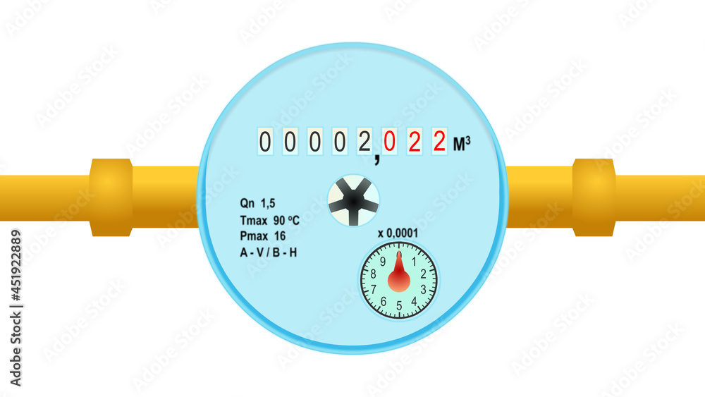 Water meter for cold and hot water. Numbers on odometer 2022. White ...