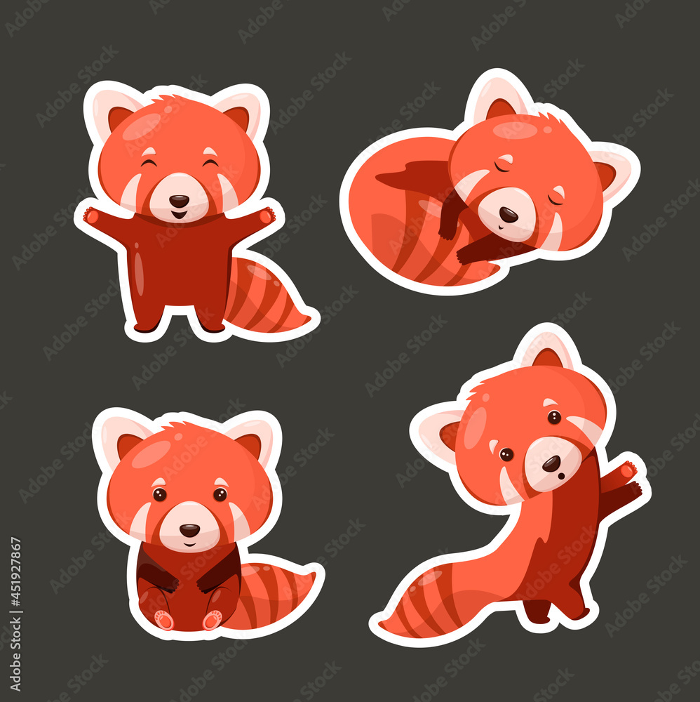 Cute red panda stickers. Children's illustration of funny animals in a ...