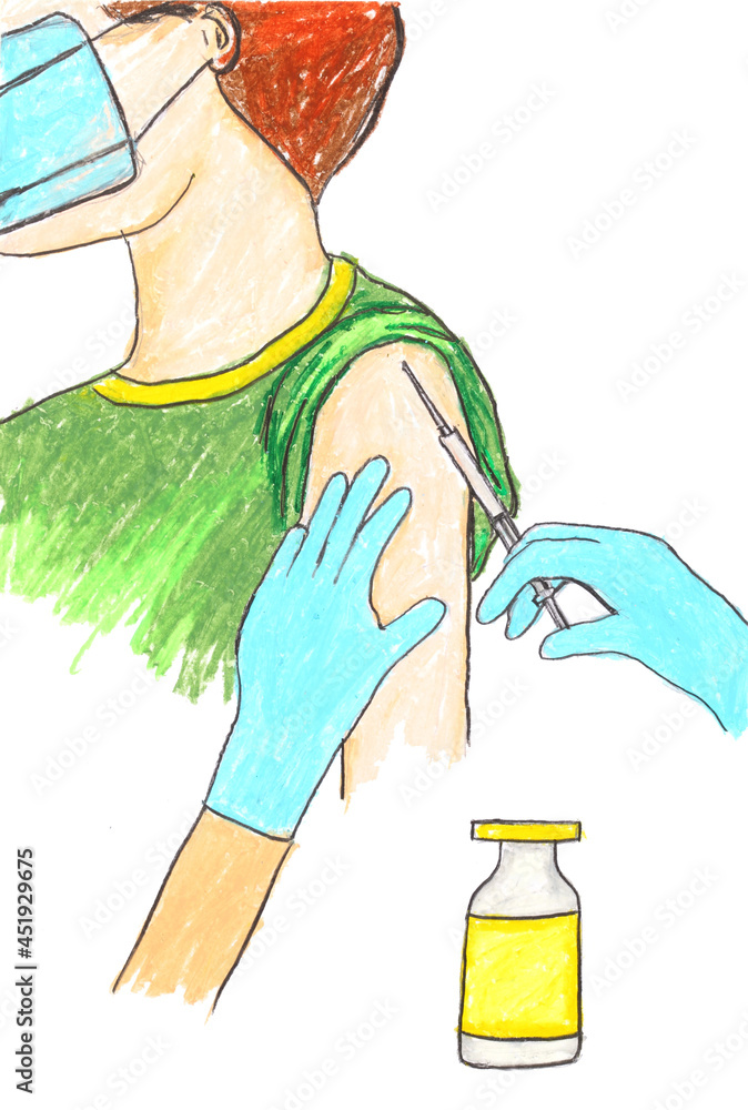 syringe and COVID-19 vaccine drawing with crayon on white paper, COVID ...