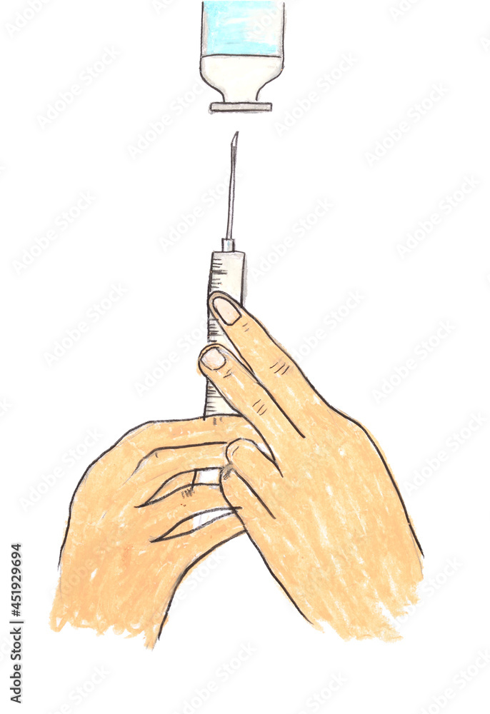 syringe and COVID-19 vaccine drawing with crayon on white paper, COVID ...
