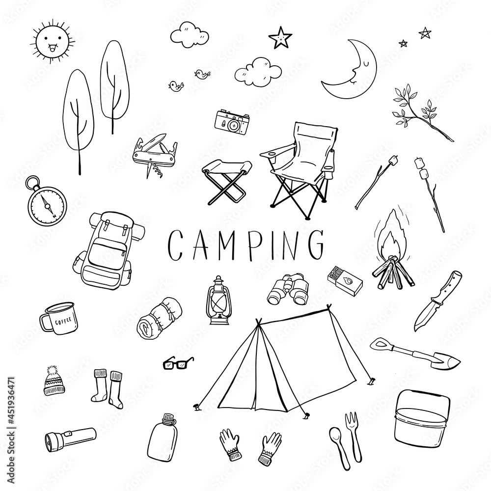 Hand drawn illustrations Doodle drawing style of Camping on White ...