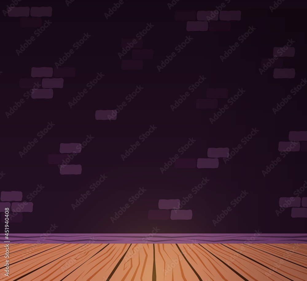 Empty dark room with wood floor and brick wall. Perspective scene in an ...