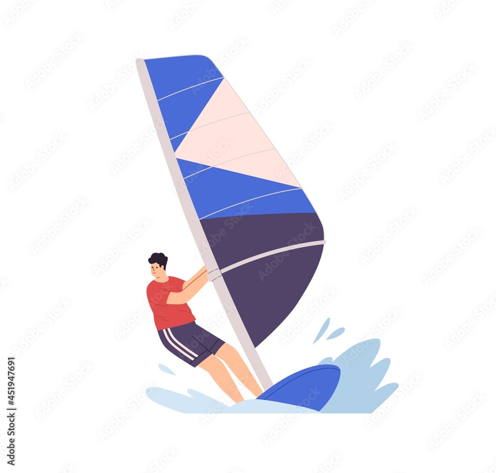Man windsurfing, standing on board with sail on waves. Windsurfer ...