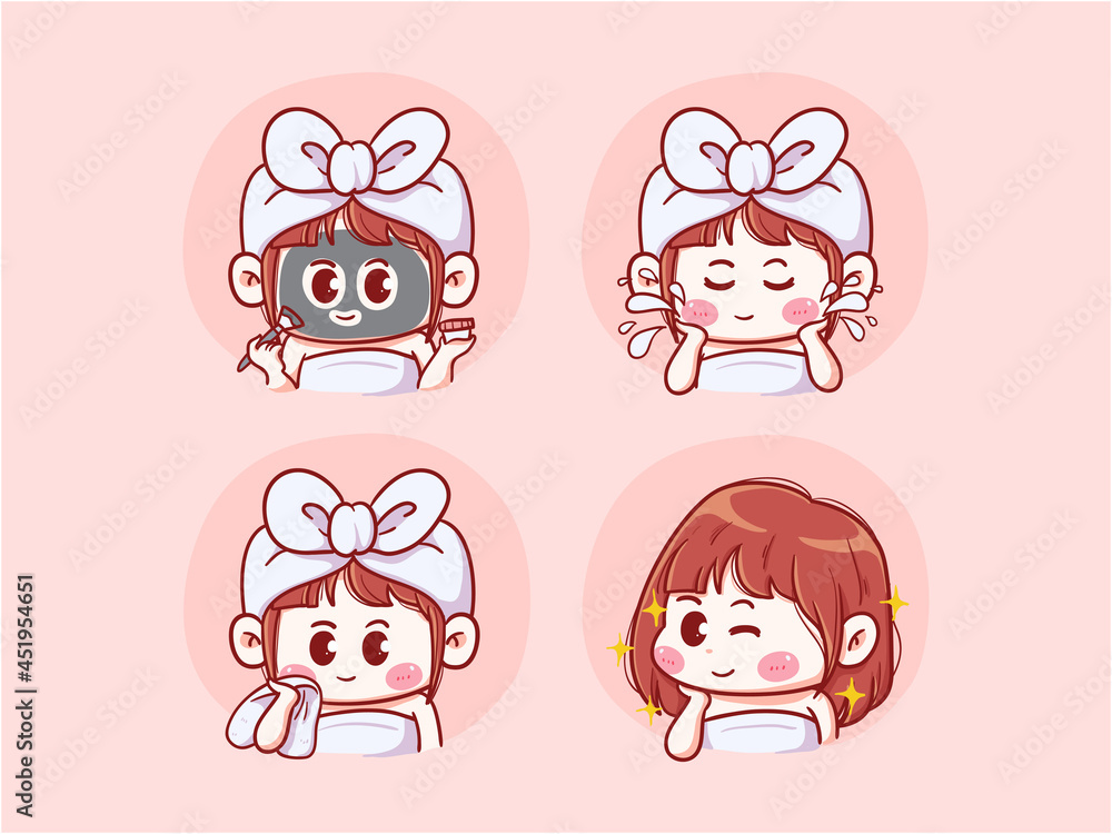 Cute and kawaii Girl Doing Skincare Routine, Apply Face Mask, Wash and ...