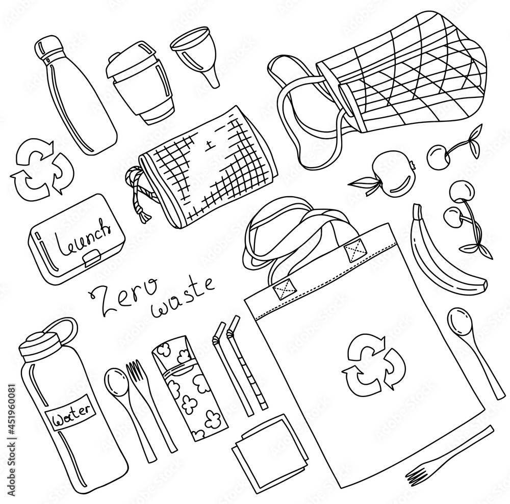 Go green hand drawn set elements of zero waste life in vector, eco ...