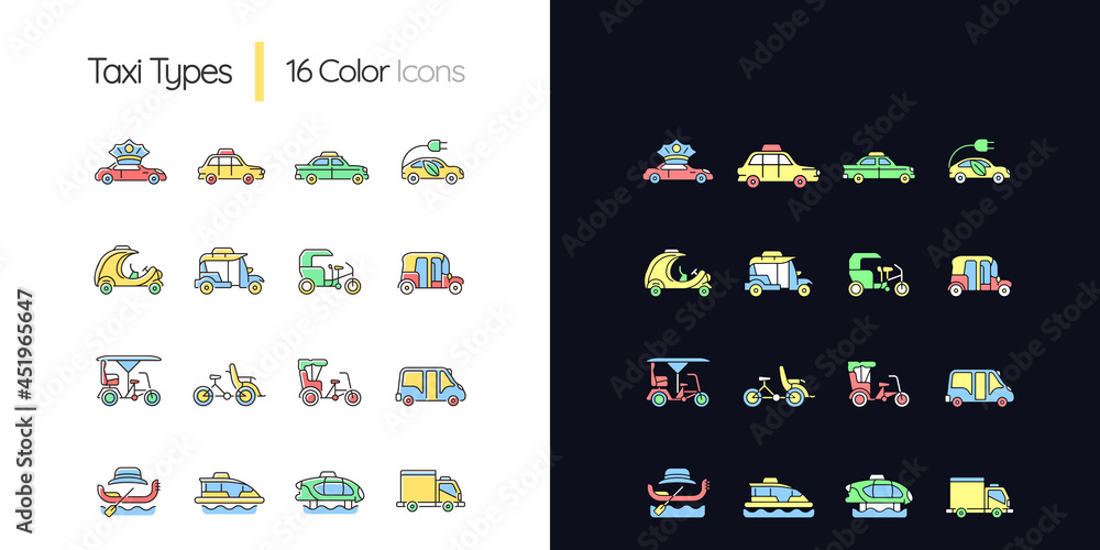 Taxi types light and dark theme RGB color icons set. Transporting ... Taxi types light and dark theme RGB color icons set. Transporting ...