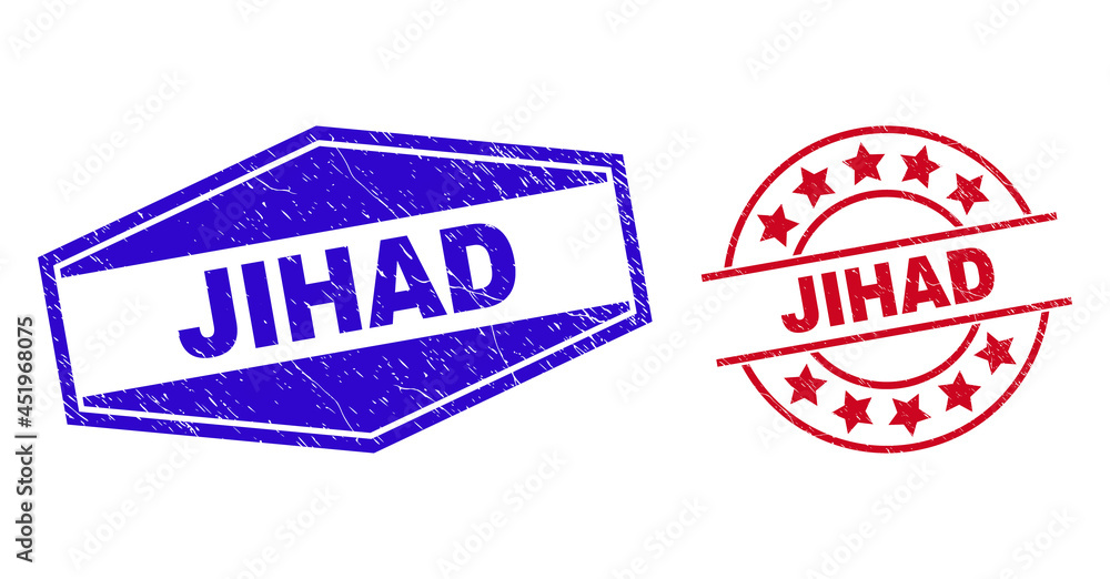 JIHAD seals. Flat vector distress red round and blue hexagonal seals ...