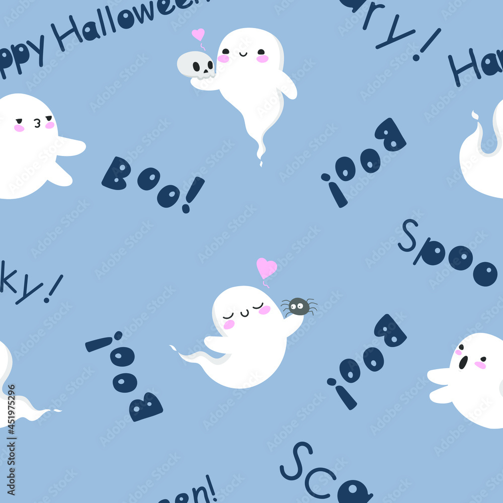 Halloween ghosts seamless pattern blue boo, spooky, scary. cute kawaii ...