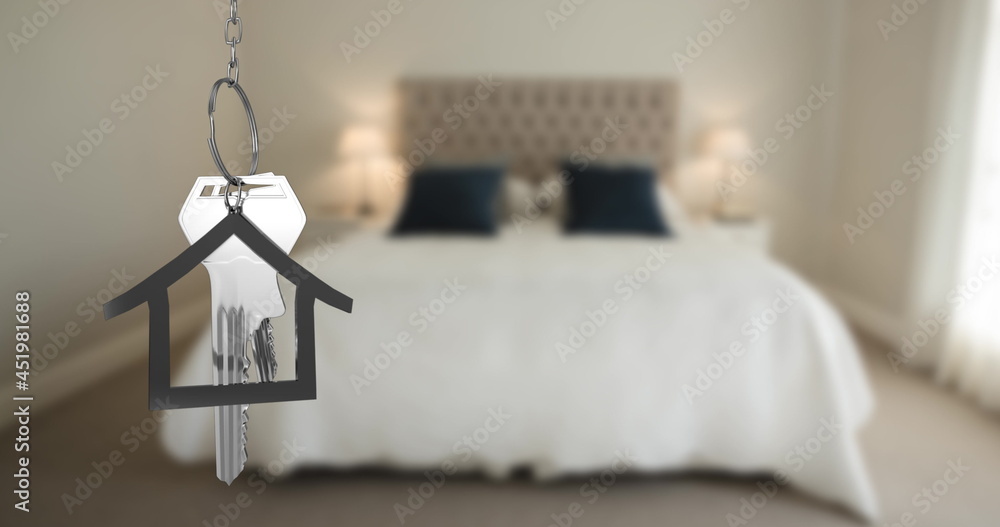 House keys and key fob hanging over out of focus bedroom 4k Stock Photo ...