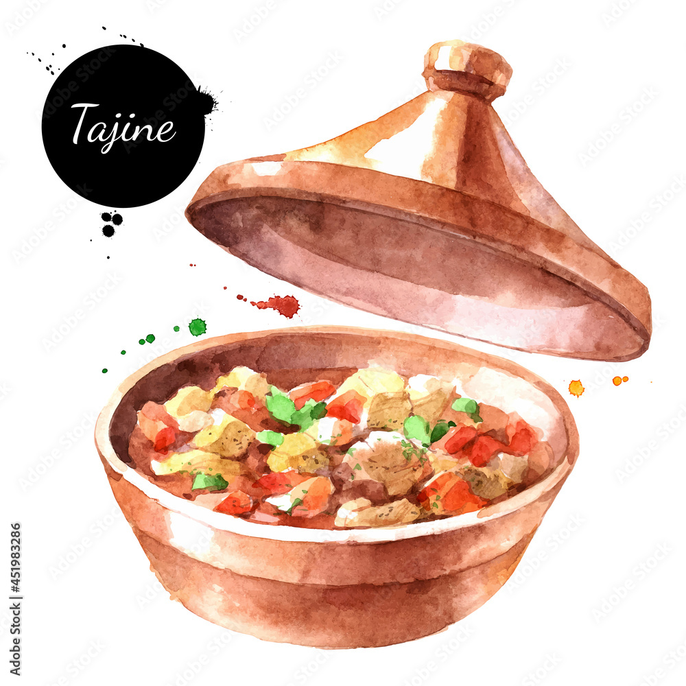 Watercolor illustration of tajine. Vector painted isolated marrakech ...