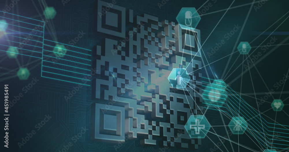 Image of network of connections with medical icons spinning over qr ...