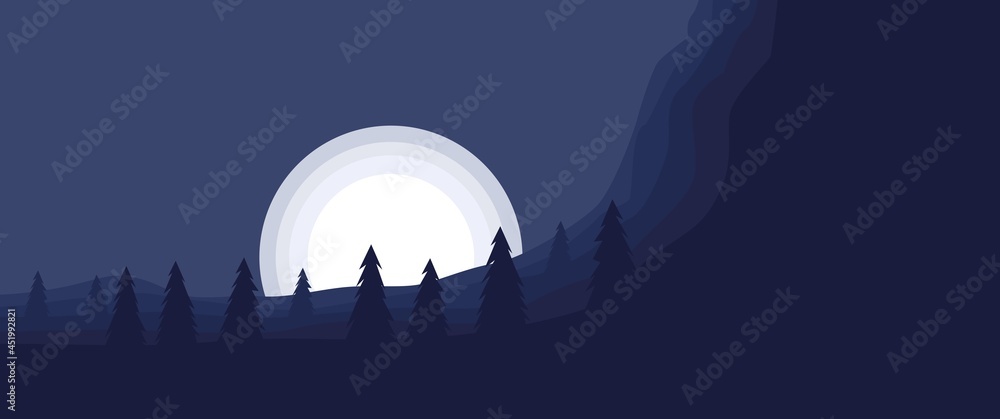 Moonrise or moonlight at the pine forest silhouette landscape vector ...