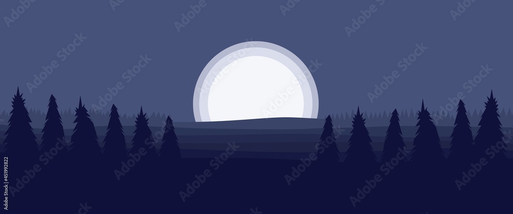 Moonrise or moonlight at the pine forest silhouette landscape vector ...