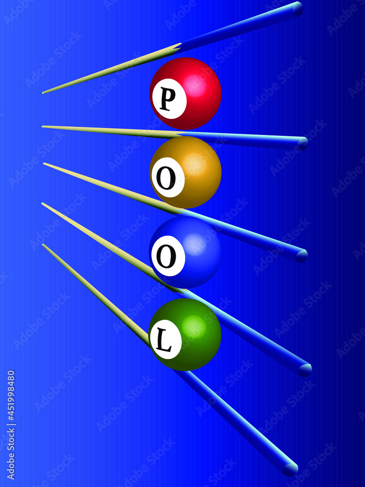 vector illustration with the image of billiard balls, cues and the ...