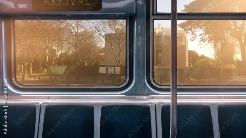 Window View Inside Subway Arriving Station, Empty Seats Zoom Out. Empty ...