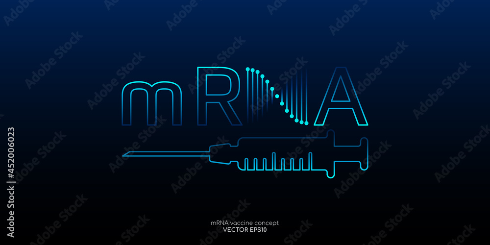 mRNA vaccine logo or symbol. Abstract RNA molecule helix spiral blue ...