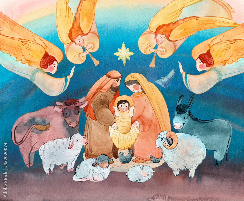 Christmas watercolor illustration of the Nativity scene: the newborn ...