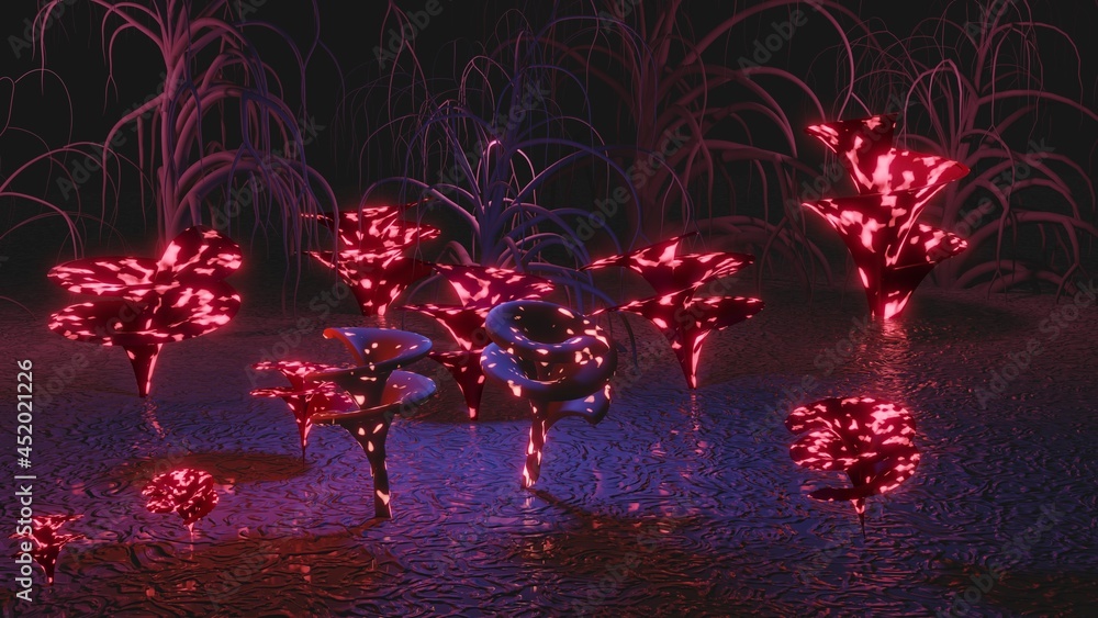 Glowing alien plants . Exoplanet flora , bioluminescent plant life ...