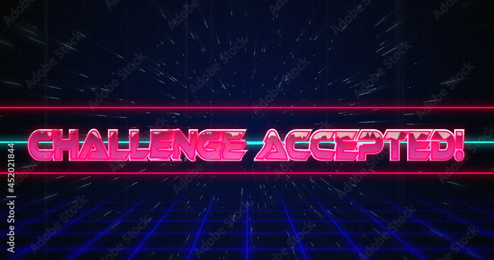 Retro Challenge accepted text glitching over blue and red lines on ...