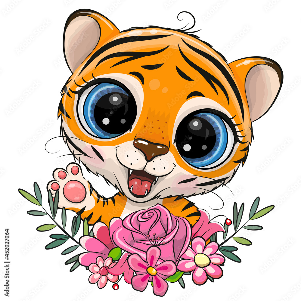 Cartoon Tiger with flowers isolated on a white background Stock Vector ...
