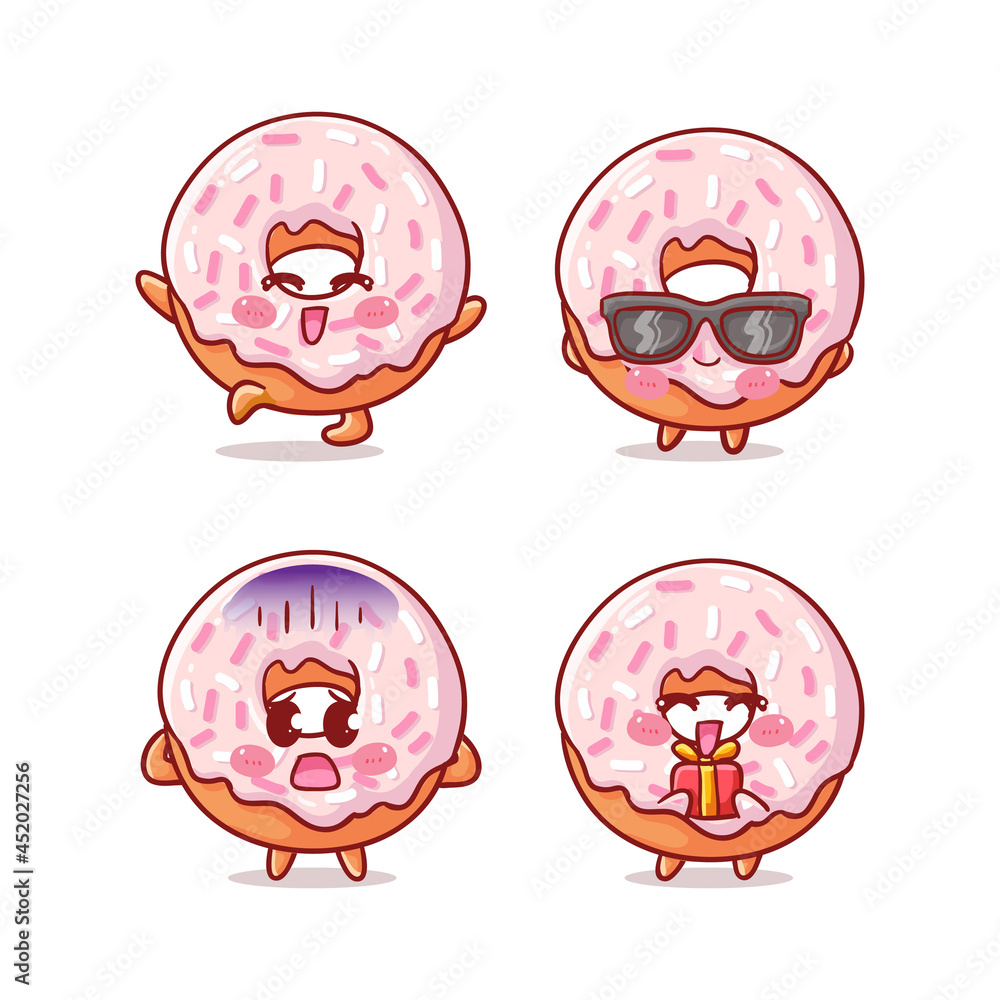Cute and Kawaii Doughnut Sticker Illustration Set With Various Activity ...