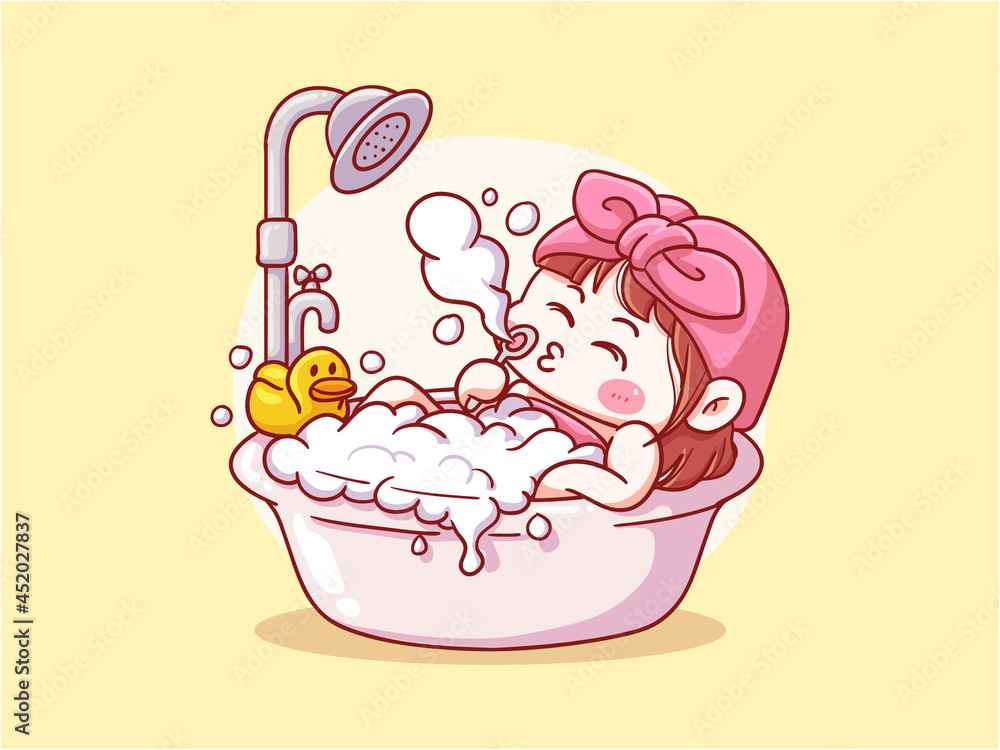 Cute and kawaii Girl Take a shower bath manga chibi Illustration Stock ...