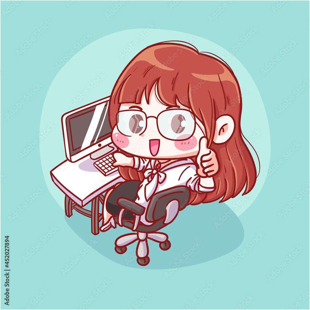 Cute and kawaii Girl Working on Desk manga chibi Illustration Stock ...
