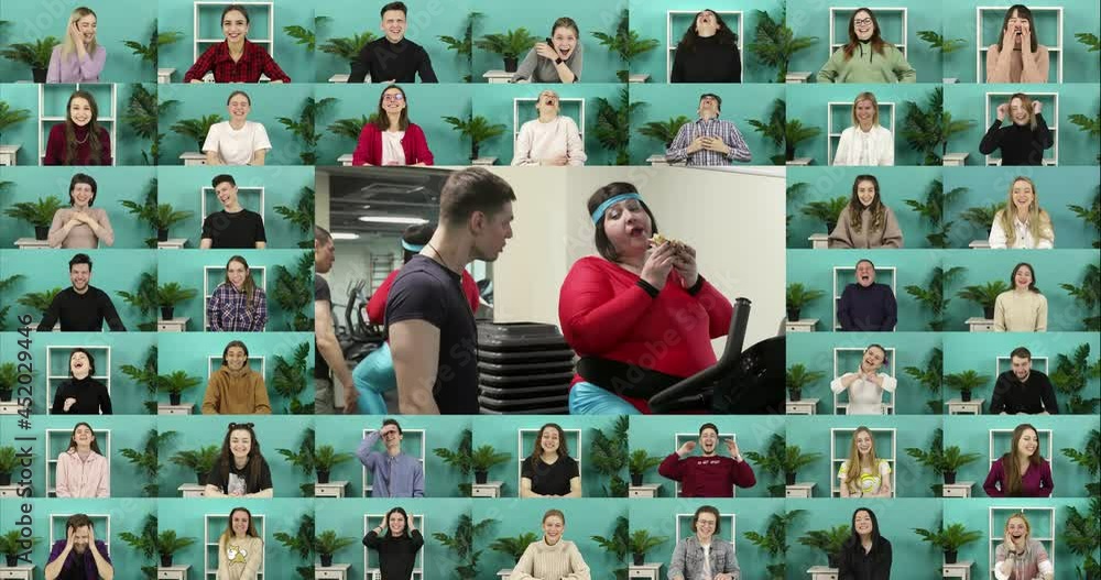 Collage screen view of many diverse people looking talking to webcam ...