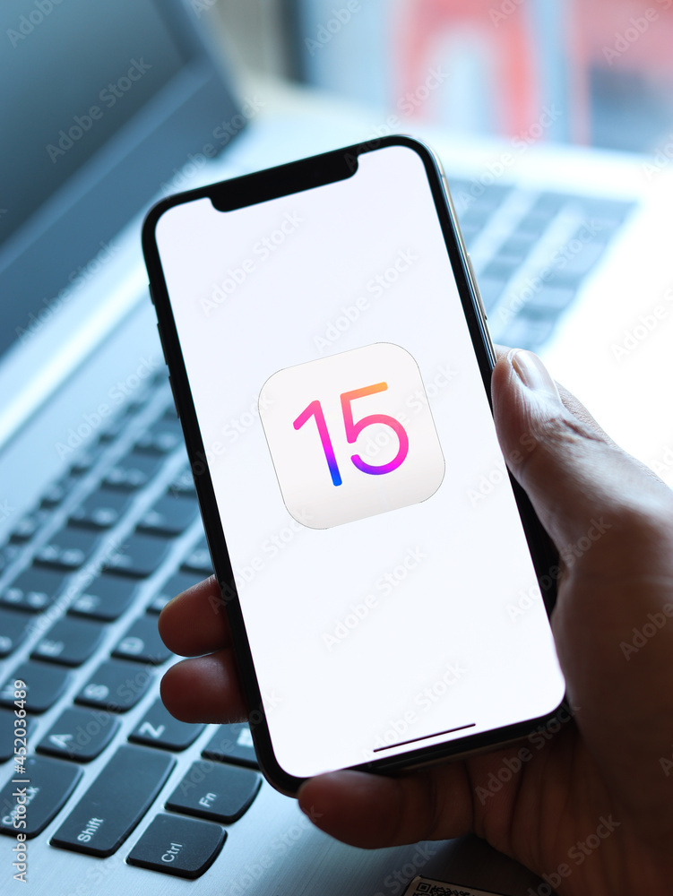 Assam, india - June 7, 2021 : IOS 15 logo on phone screen stock image ...