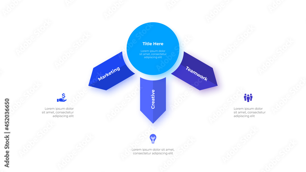 Central circle with three arrows. Flow chart infographic slide. Concept ...