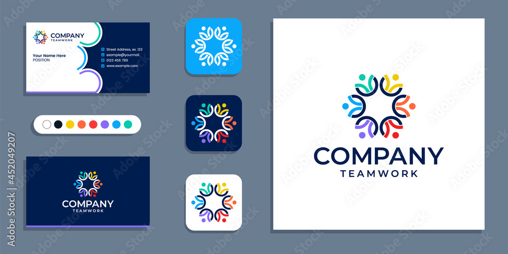 Togetherness, teamwork, unity people corporate logo and business card ...