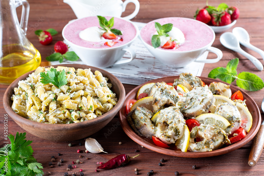 Three-course set menu for a nutritious healthy lunch. Three course set ...